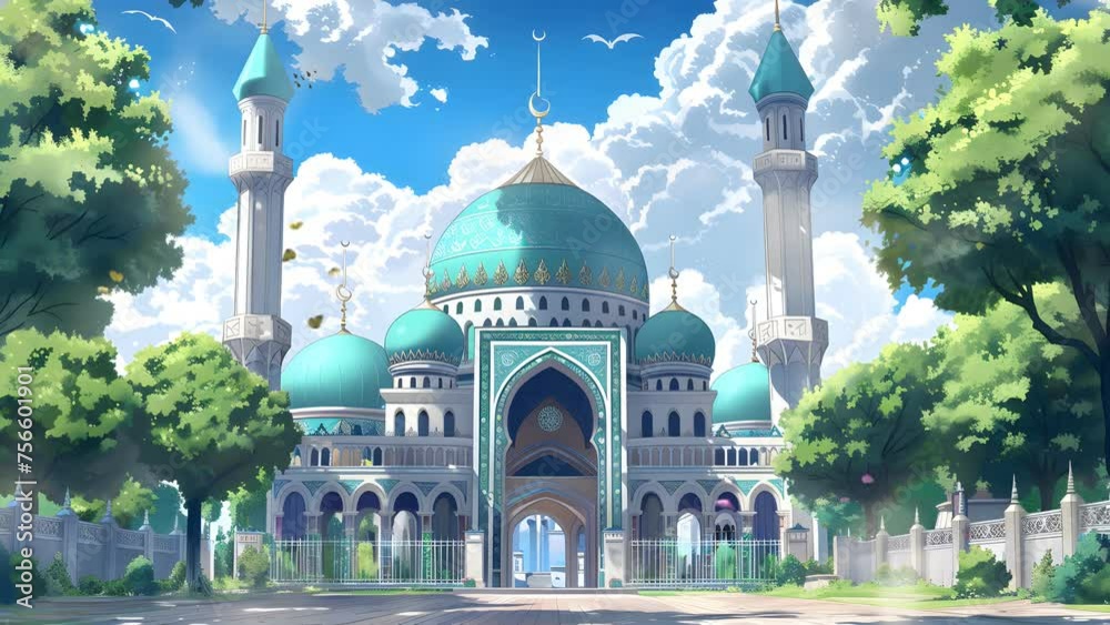 Vidéo Stock Anime rendition of a charming mosque featuring a vivid ...