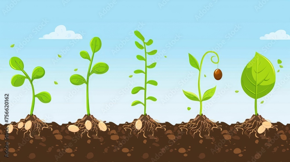 Seed sowing and germination, a magical cartoon process of growth from ...
