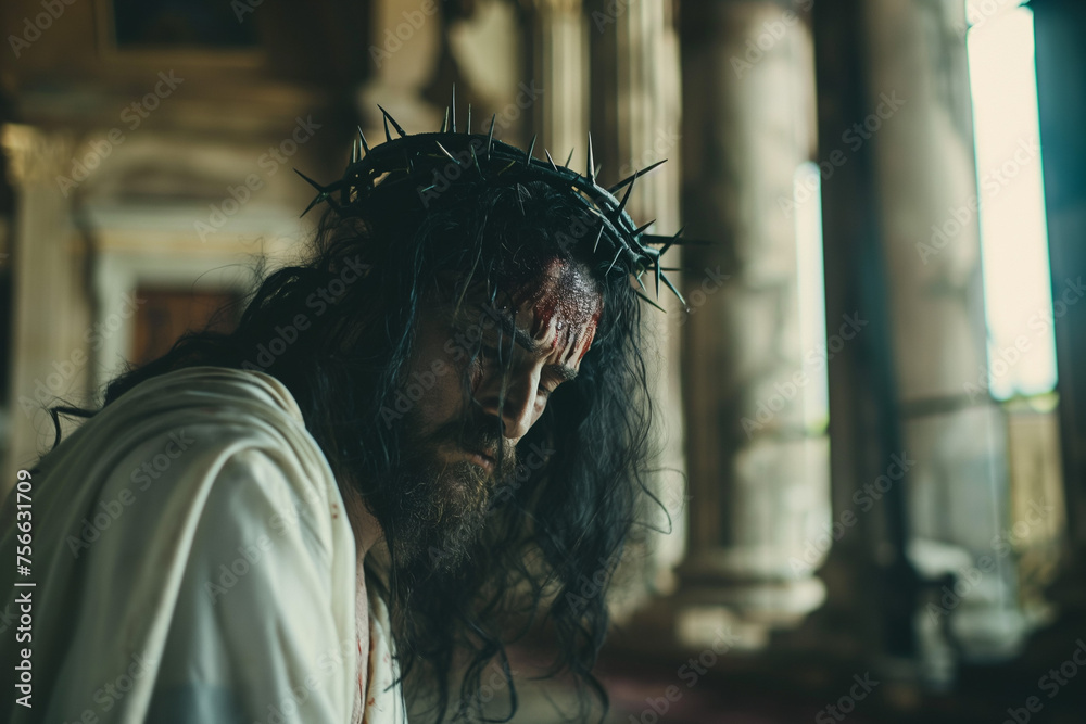 tortured sad Jesus Christ wearing a crown of thorns against the ...
