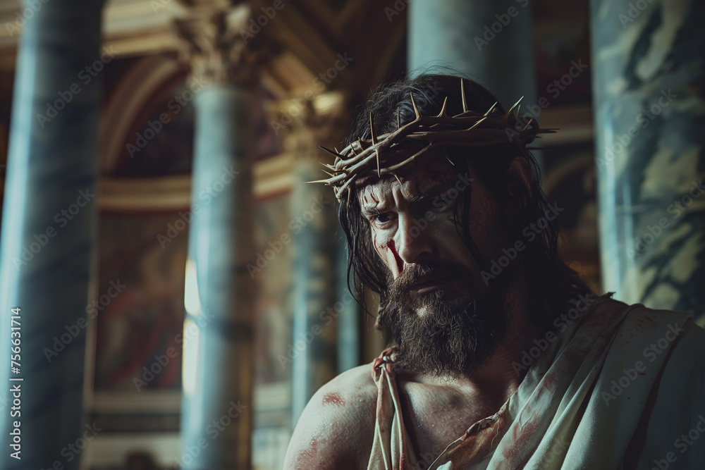 tortured sad Jesus Christ wearing a crown of thorns against the ...