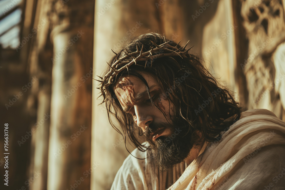 tortured sad Jesus Christ wearing a crown of thorns against the ...
