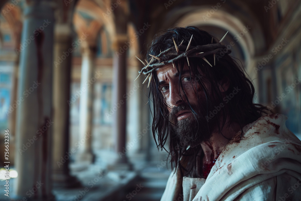 tortured sad Jesus Christ wearing a crown of thorns against the ...