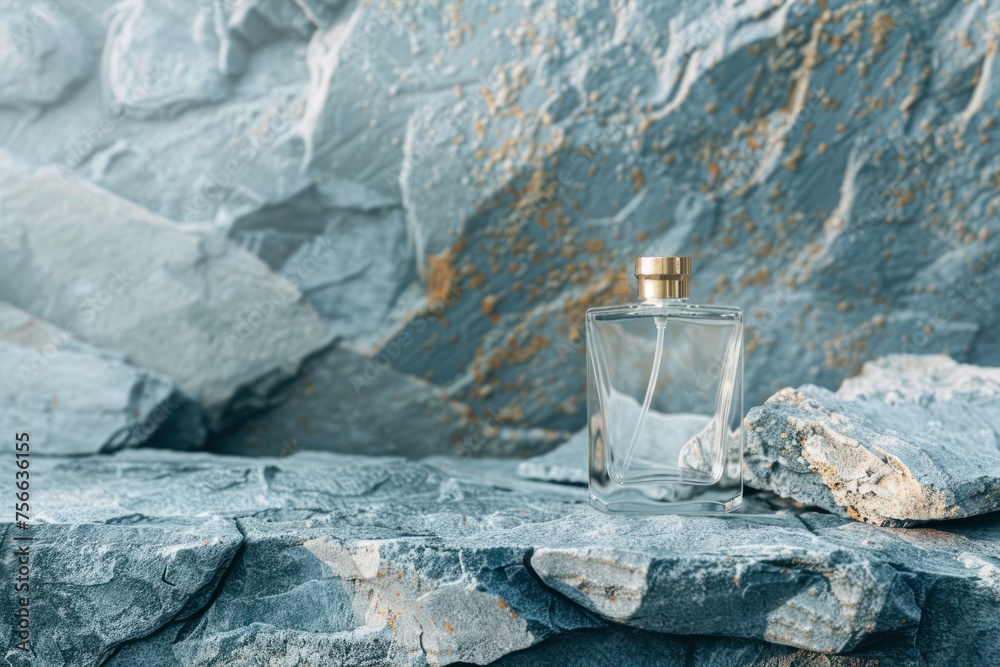 Blank cologne bottle packaging mockup lying on a rock. The bottle is ...