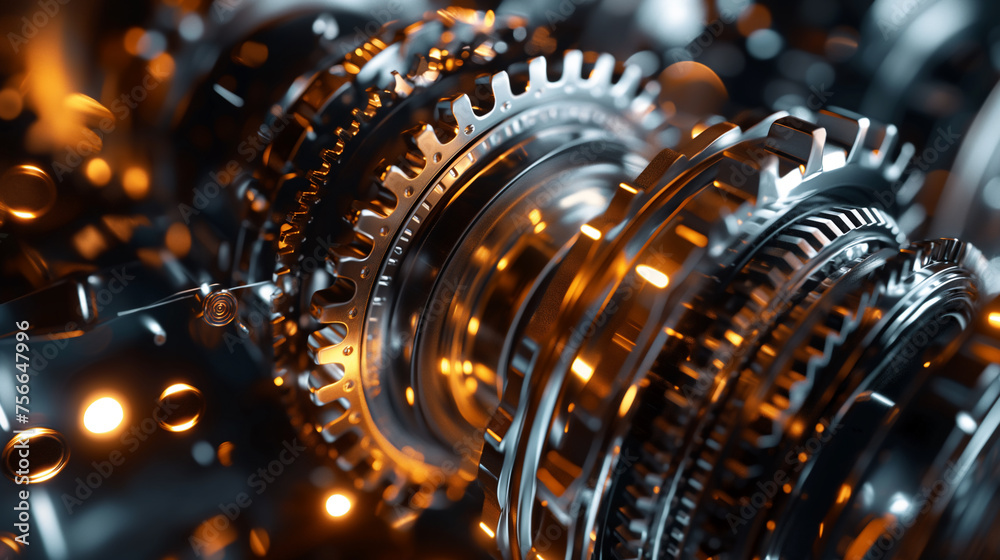 Close-up of a complex gear mechanism featuring interlocking gears with ...