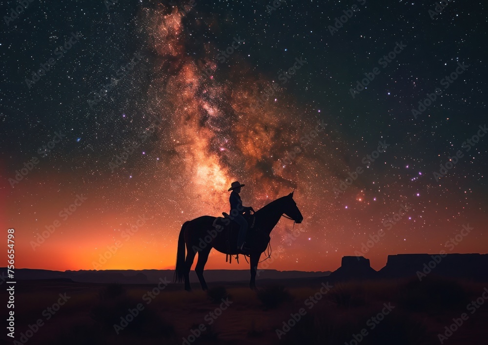Western cowboy riding his horse in the desert with a stunning backdrop ...