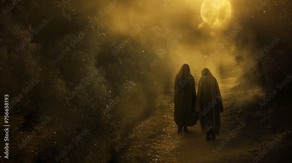 The road to Emmaus scene, with two disciples walking with Jesus ...