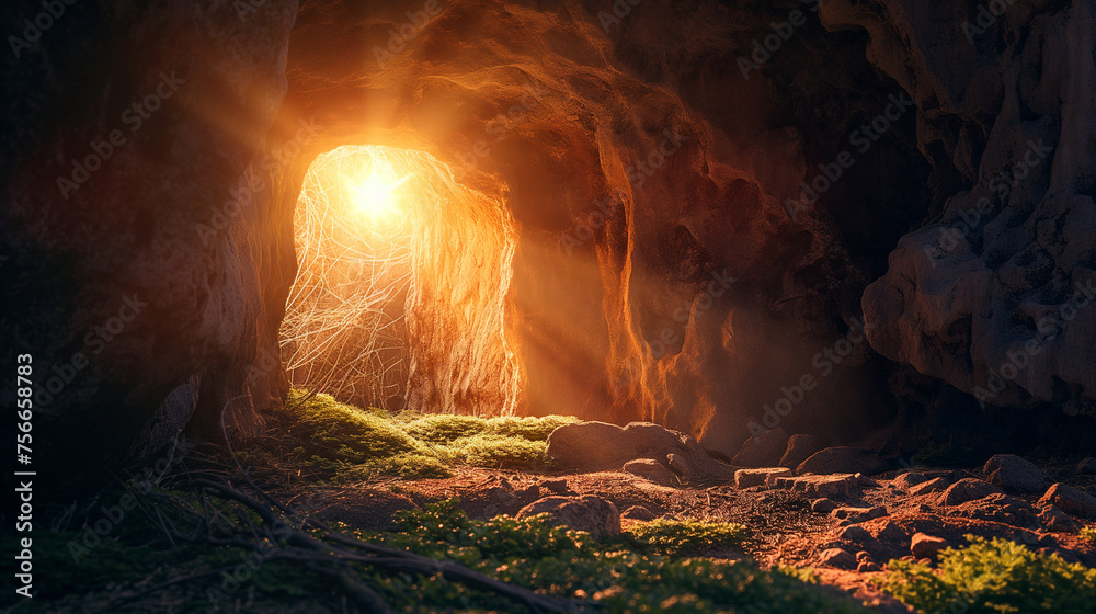A dramatic scene of the resurrection with light beams breaking through ...
