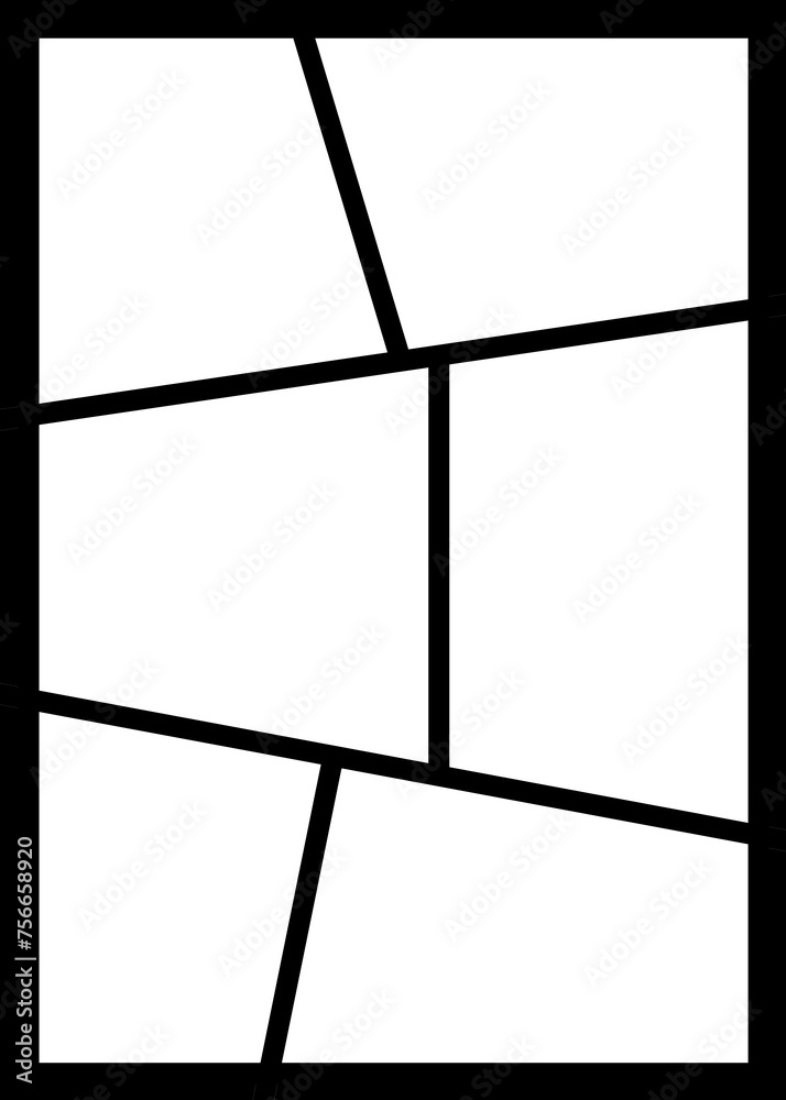 Vertical comic book panel with six empty angled dynamic boxes ...