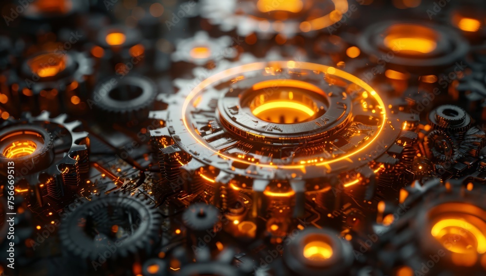 Cogs and gears made of orange glowing metal, with small drops of water ...