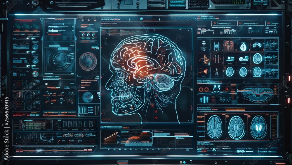 An advanced display showing a high-tech AI interface with detailed ...