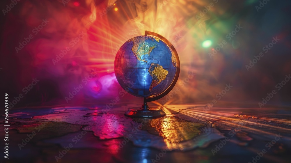 globe illuminated by overlapping spotlights of different colors, each ...