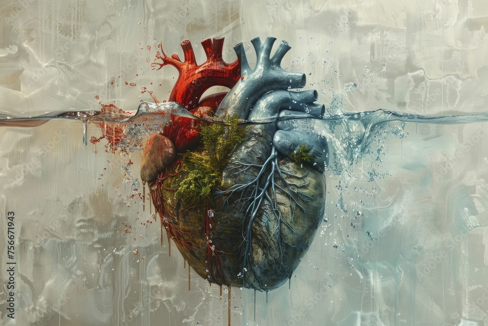 An abstract design of a heart split into two halves, one flourishing ...