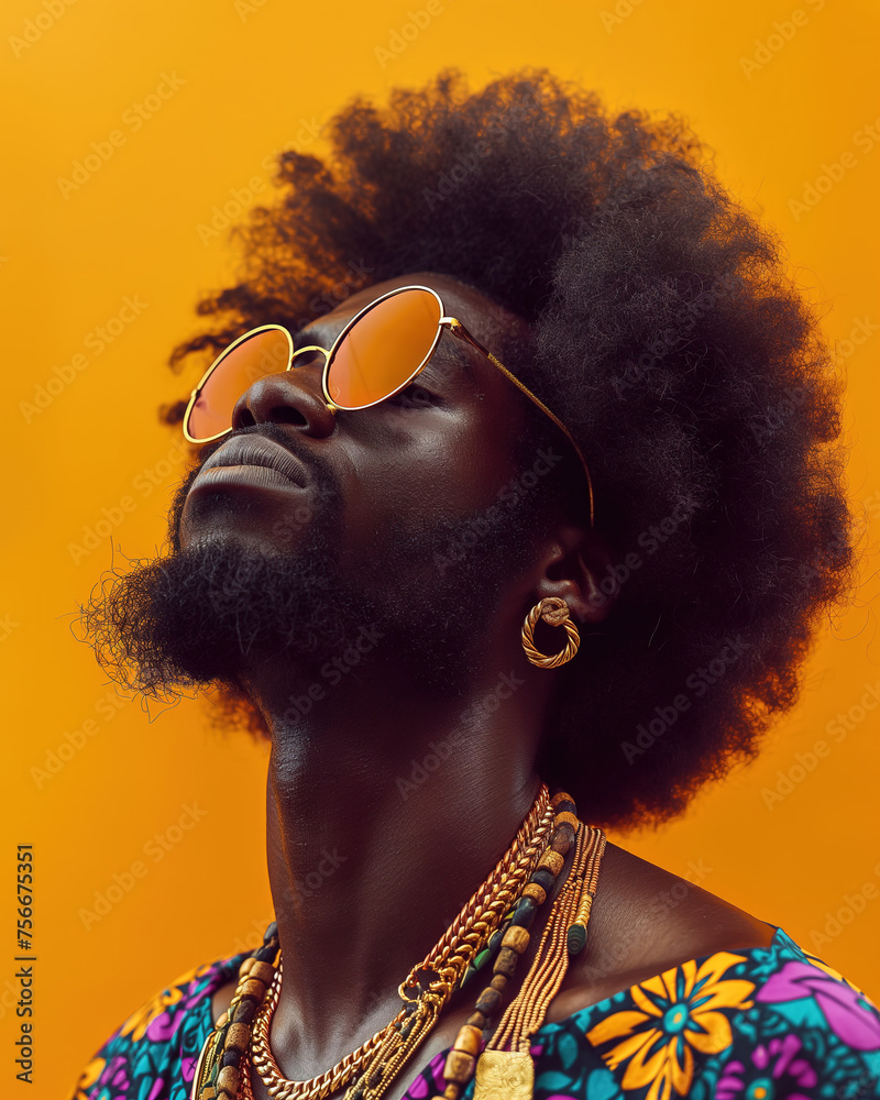 Portrait of an African man with beard and mustache, afro hair wearing ...