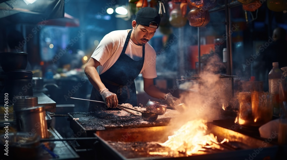 Foto de Chef hands keep wok with fire. Closeup chef hands cook food ...