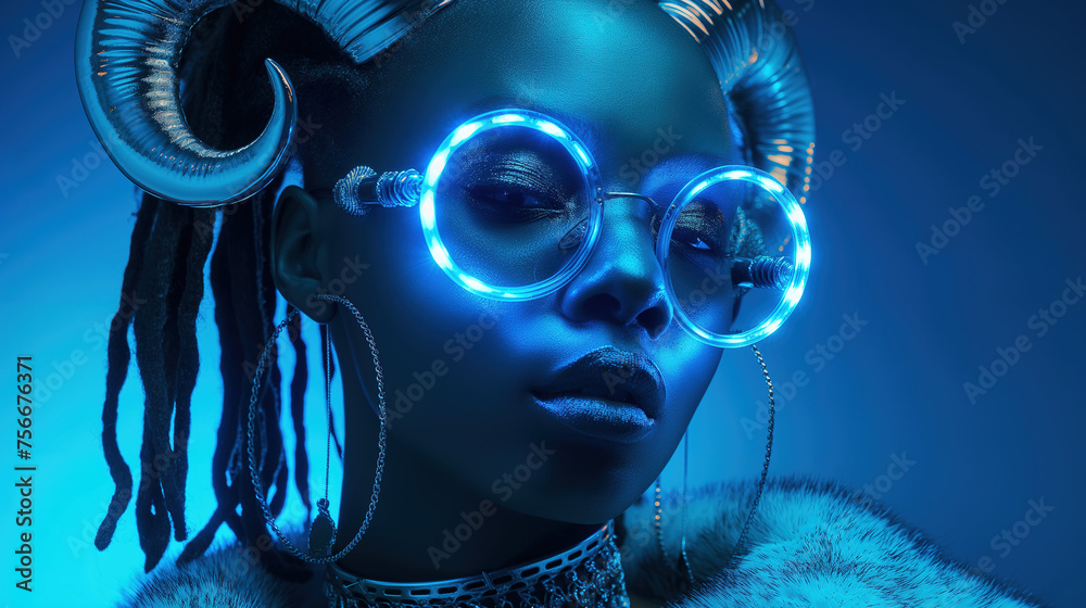 A beautiful African woman with dreadlocks and futuristic round glasses ...