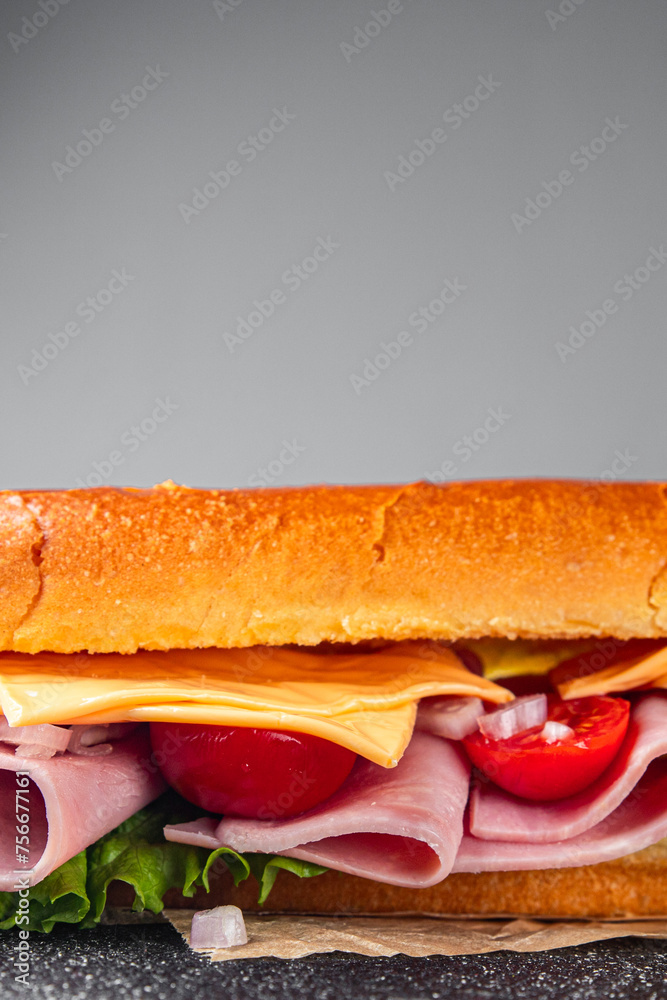 ham sandwich sliced meat, cheese, lettuce, tomato, vegetable, bun bread ...