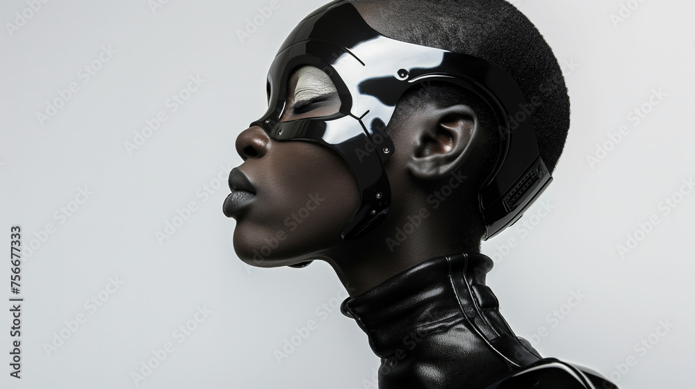Black female model with a sleek Afrofuturistic mask, in profile view ...
