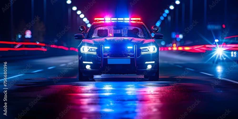 Police car lights flash in the darkness illuminating the night with urgency . Concept Emergency ...