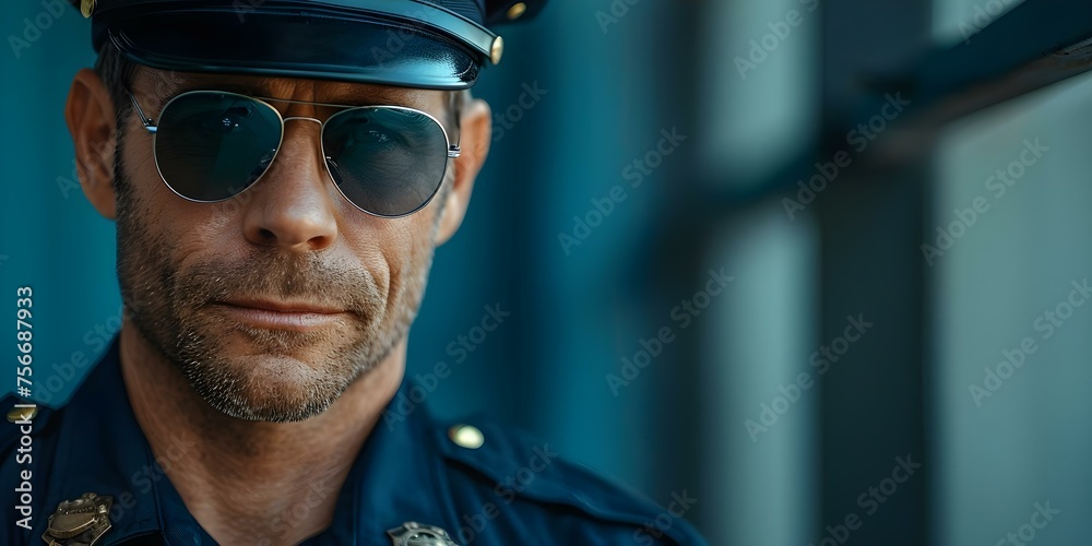 A male police officer in uniform and sunglasses to symbolize crime ...