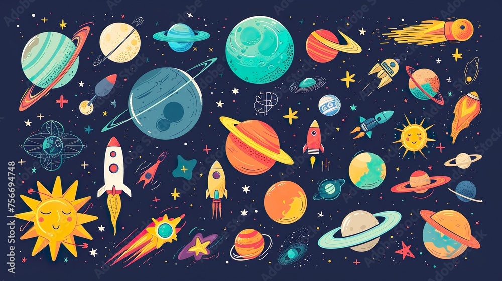 set of planets space rockets pattern science astronomy background for ...
