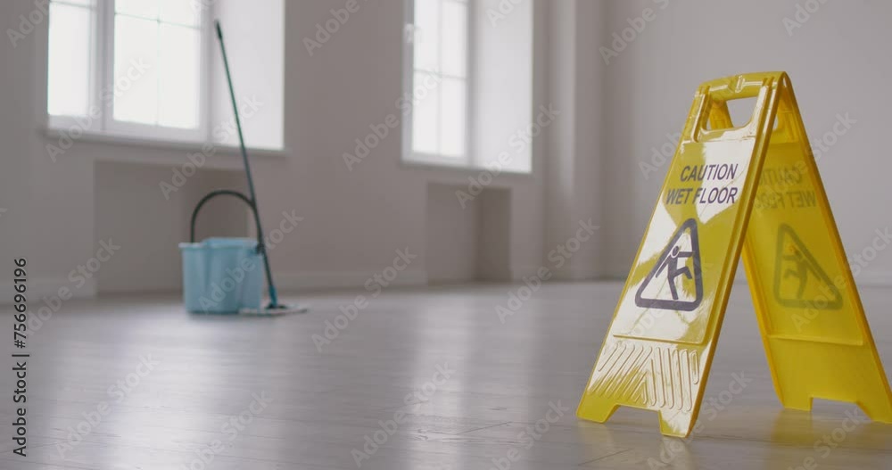 Empty space wet clean floor yellow warning sign caution wet floor ...