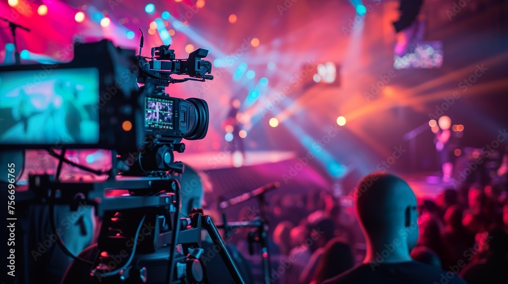 Professional TV Camera Standing in Live News Studio with Anchor seen in ...