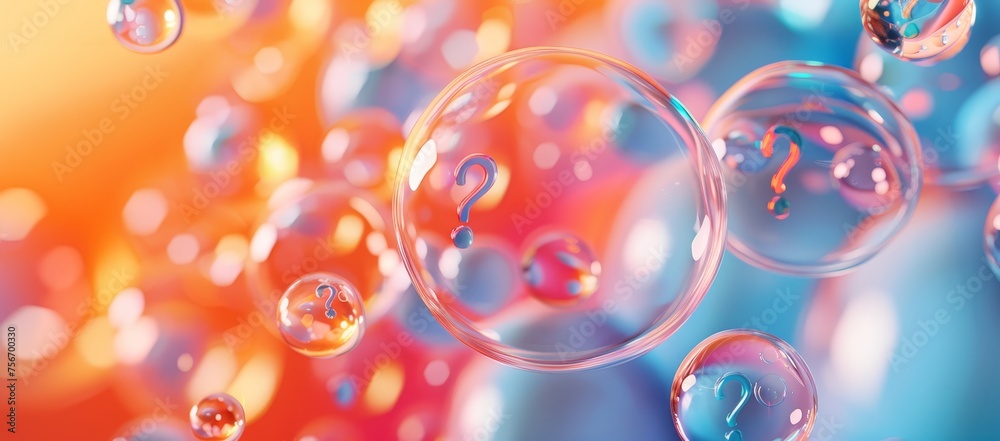 Colorful background with bubbles and question marks floating in the air ...