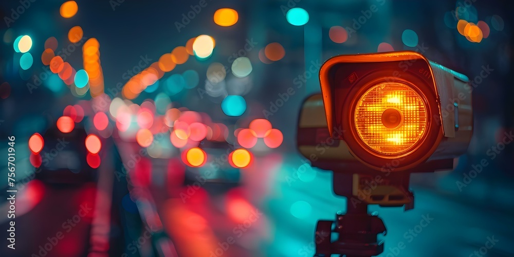Radar Gun In Use On City Road At Night Cars Passing Enforcement Aid Concept Law Enforcement