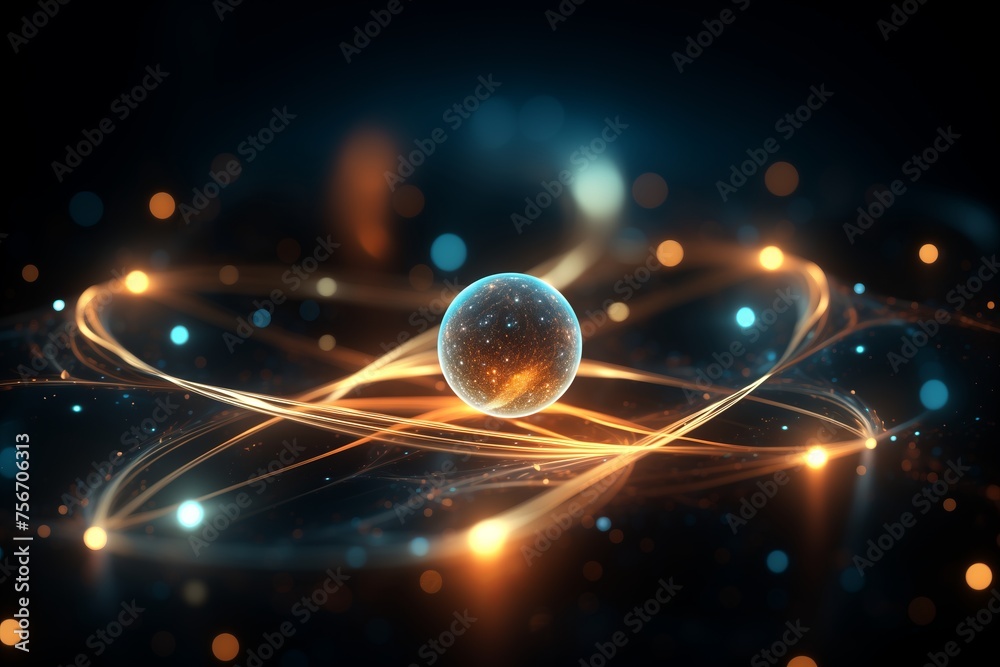 A detailed computer model of an atom showing the nucleus, protons and ...