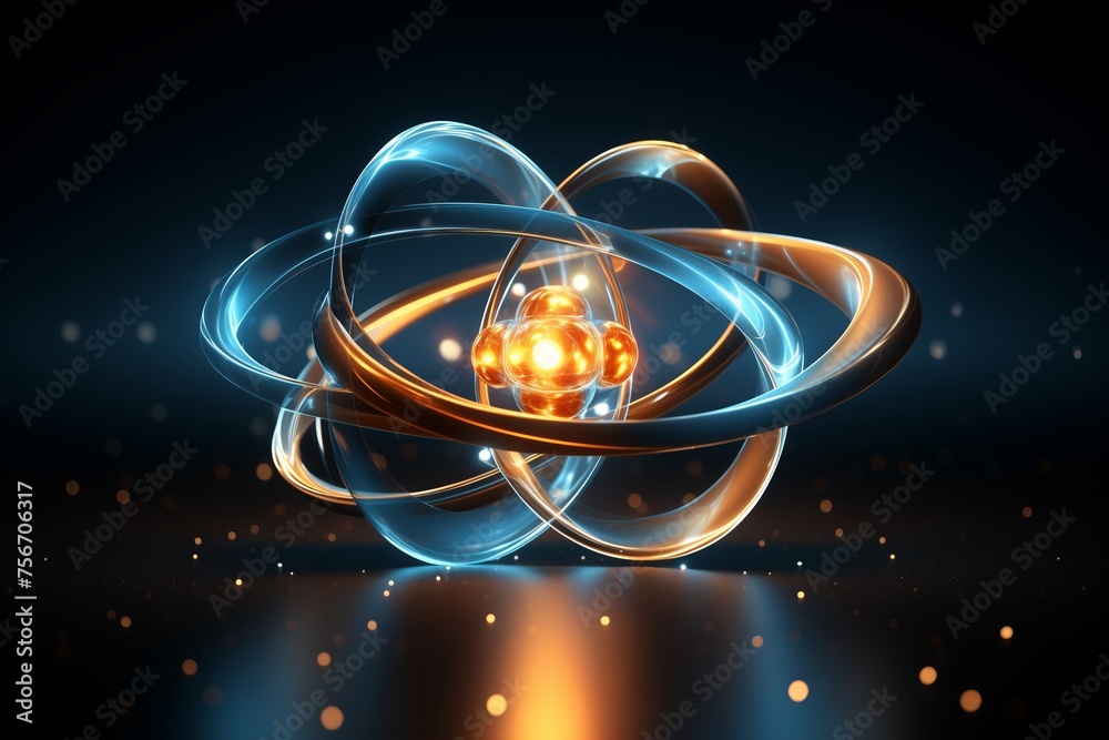 A detailed computer model of an atom showing the nucleus, protons and ...