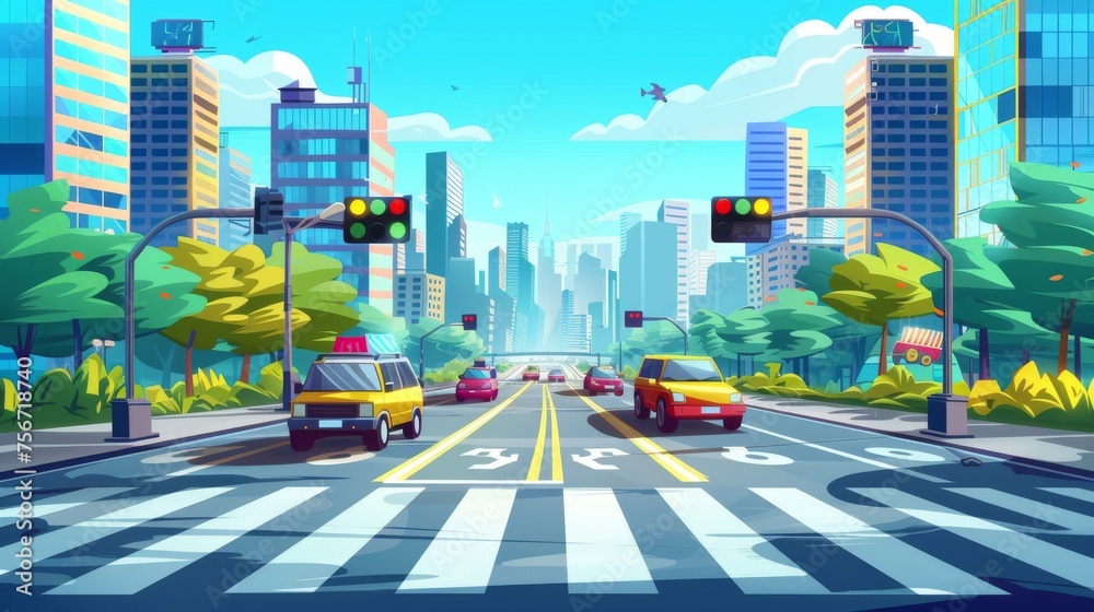 Cartoon modern illustration of urban summer landscape with cars on ...