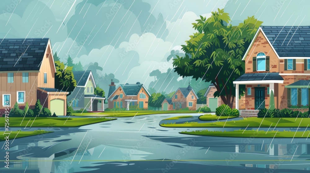 Cartoon modern illustration of a cityscape street with a private family ...