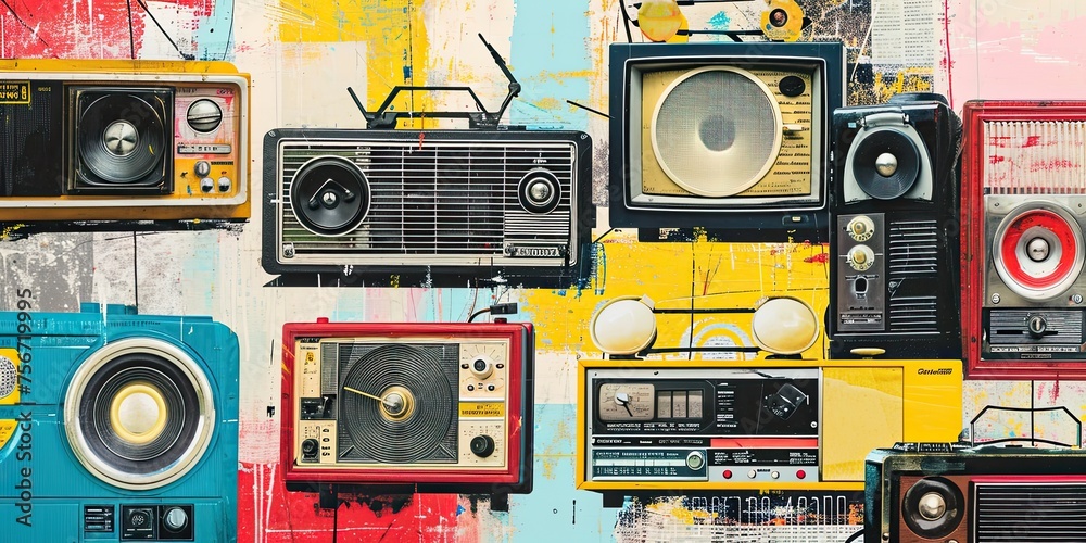 Collection of old vintage radio and cassette player on grunge ...