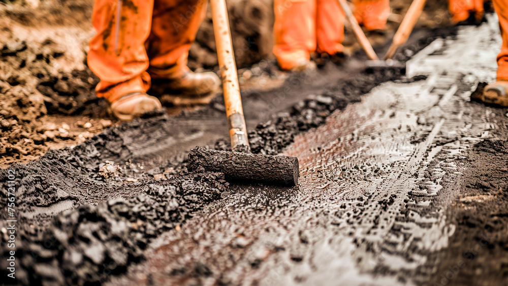 Construction workers paving the road with asphalt, showing teamwork and ...