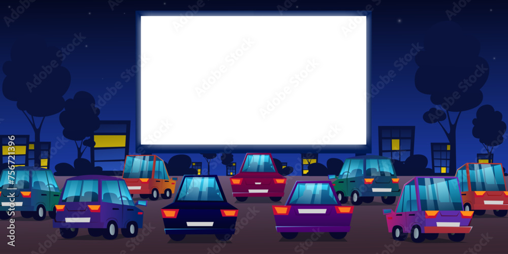 Outdoor cinema, drive-in movie theater with cars on open air parking ...