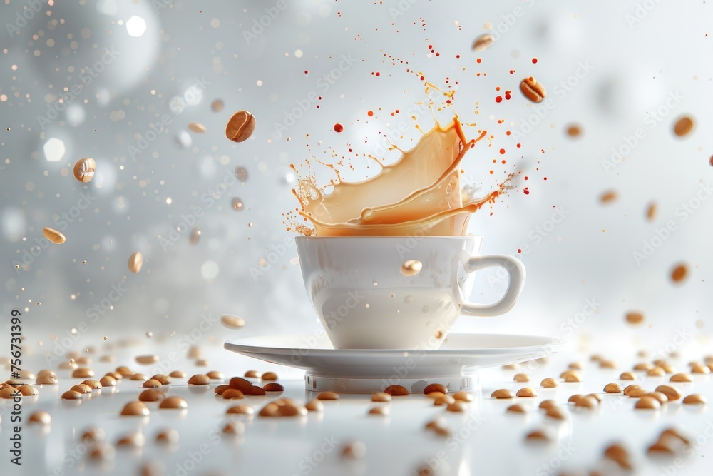 Dynamic Coffee Splash Around a Full White Cup on a Saucer Stock Photo ...