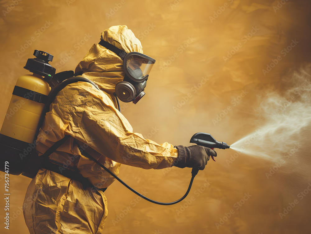 Individual in hazmat suit spraying disinfectant. Studio photography ...