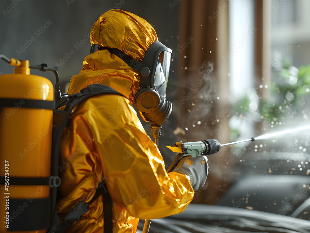 Pest control, Person in hazmat suit with respirator spraying chemicals ...