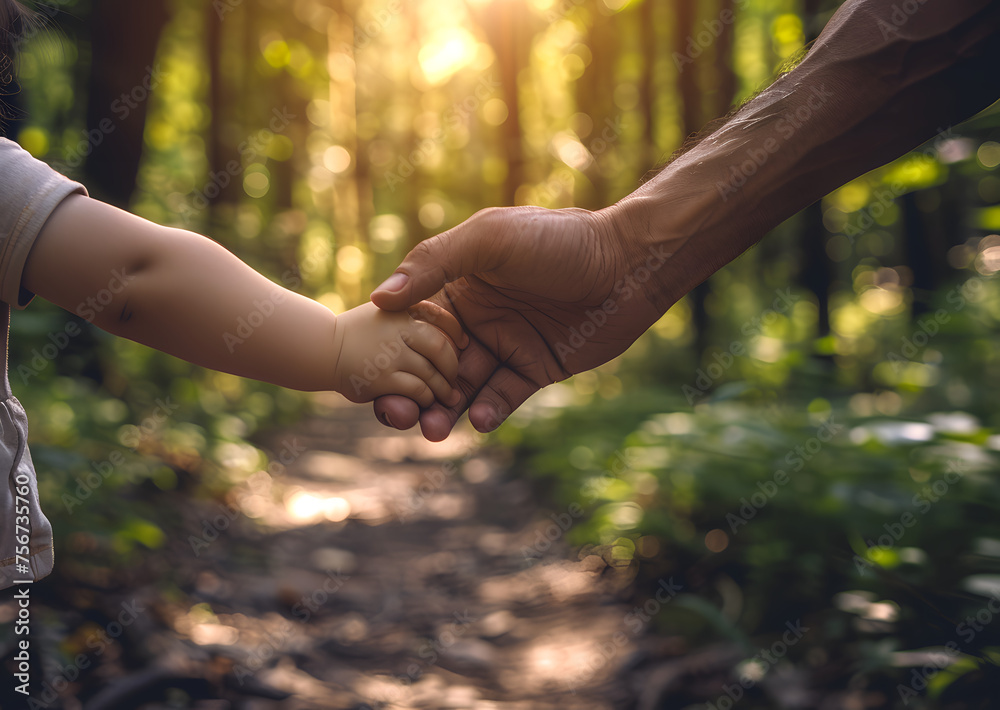 Adult holding child's hand in forest at sunset. Outdoor photography ...