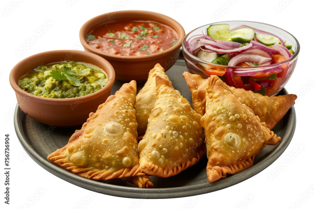 Crispy samosas with green chutney and red sauce on transparent ...