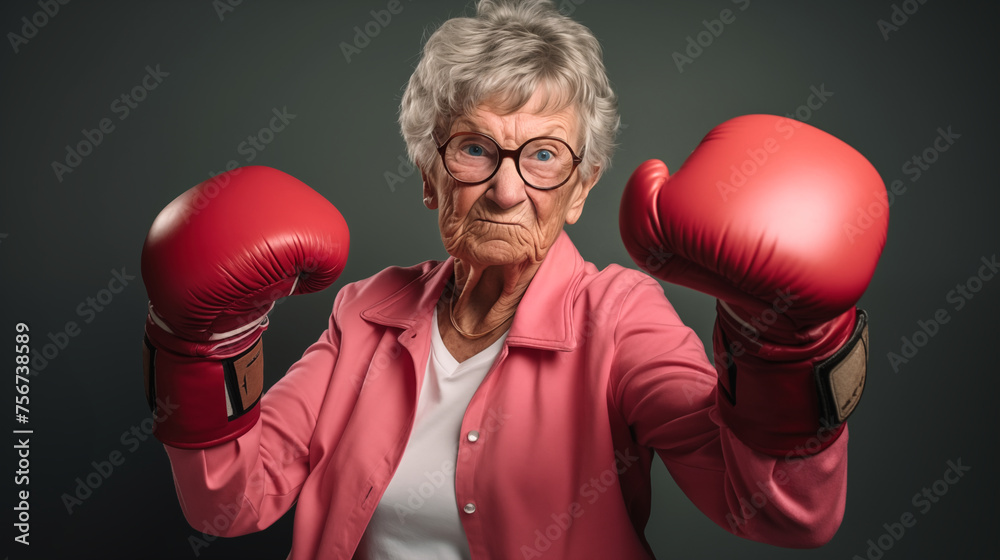 Portrait of funny old granny in boxing gloves ready to fight, elderly ...