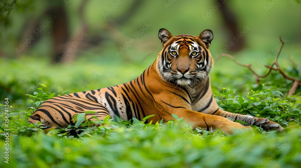 Indian tiger male with first rain, wild animal in the nature habitat ...