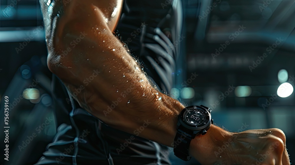 smartwatch on a man's wrist during a workout, showing elements such as ...