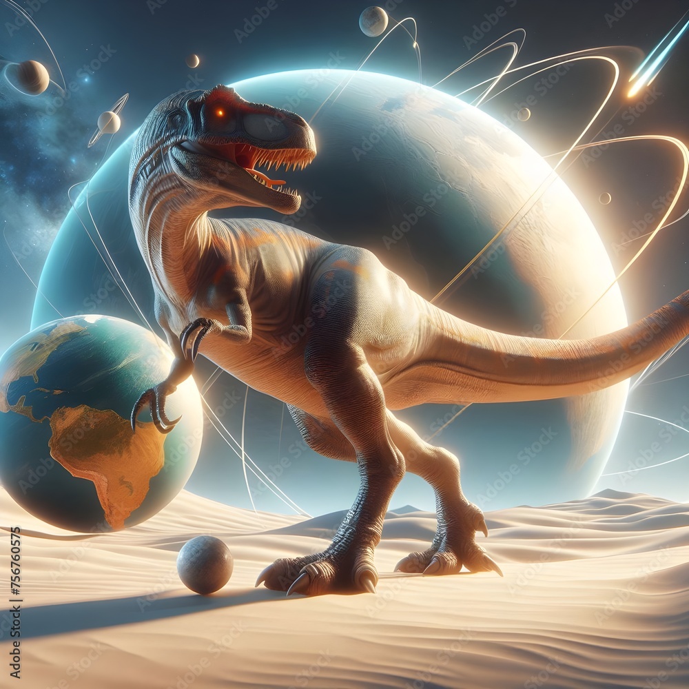 Cosmic Encounter with the T-Rex Esta obra de arte surrealista captura ...