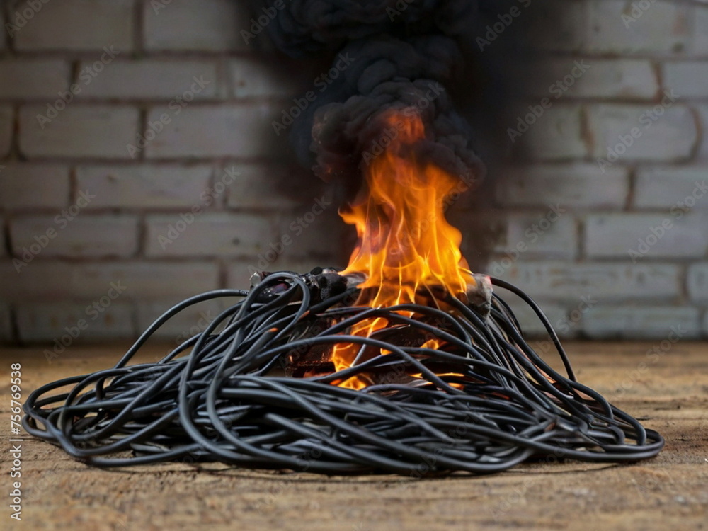 Burning electrical wires are a danger to life. Accident and fire ...