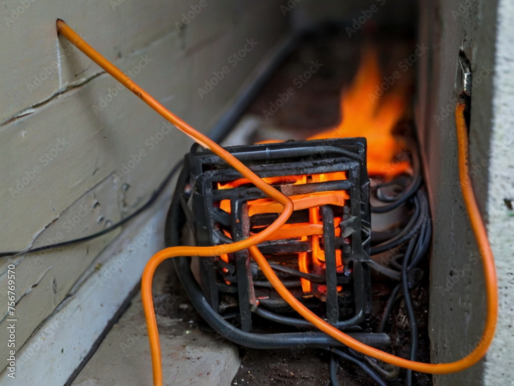 Burning electrical wires are a danger to life. Accident and fire ...