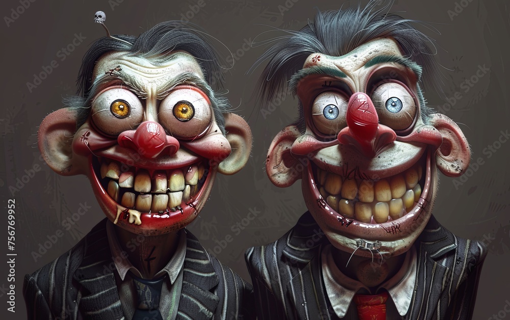 Close-up of two cartoon characters with smiling faces. A pair of men ...