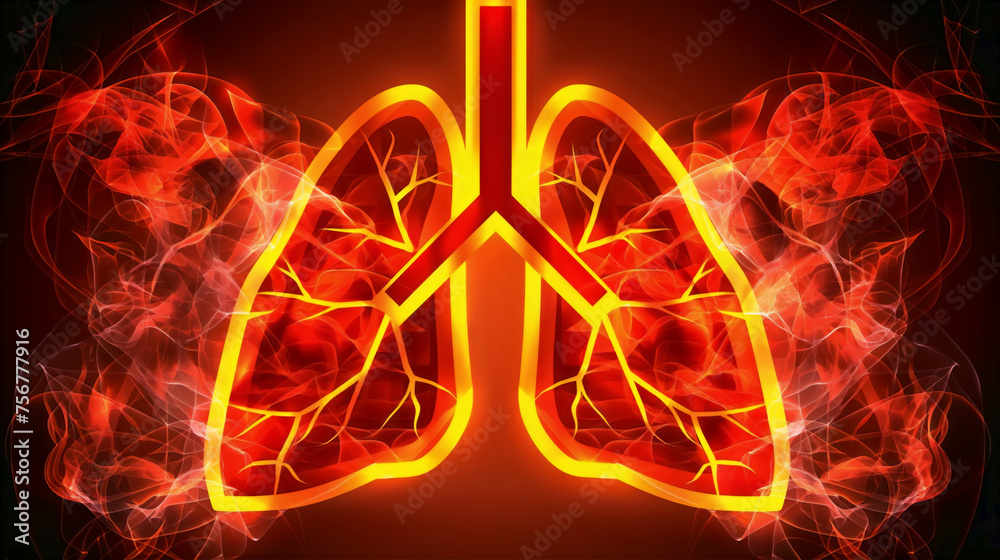 A vibrant digital illustration showing human lungs glowing in fiery ...