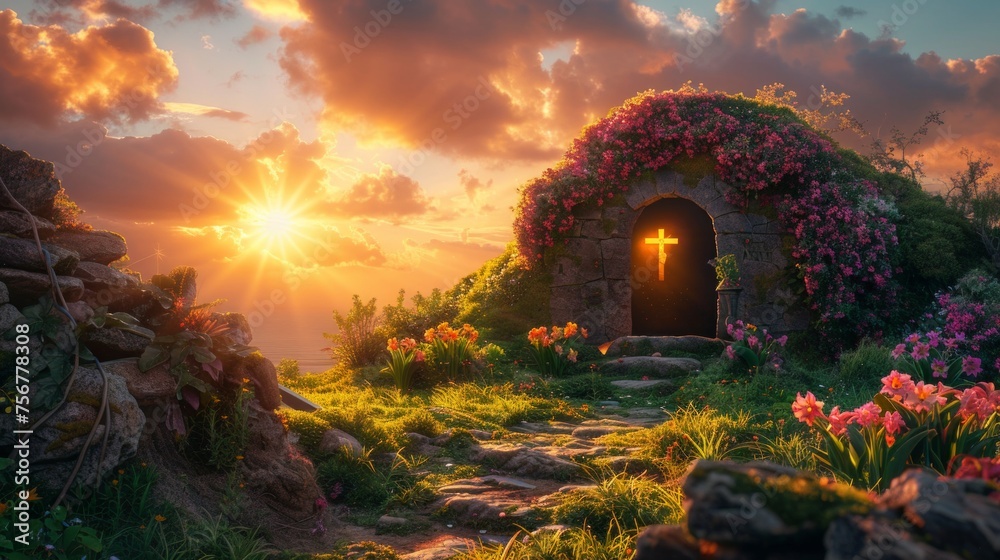Sunrise at an open tomb with a glowing cross. Entrance framed by blooming flowers. Symbolizing ...