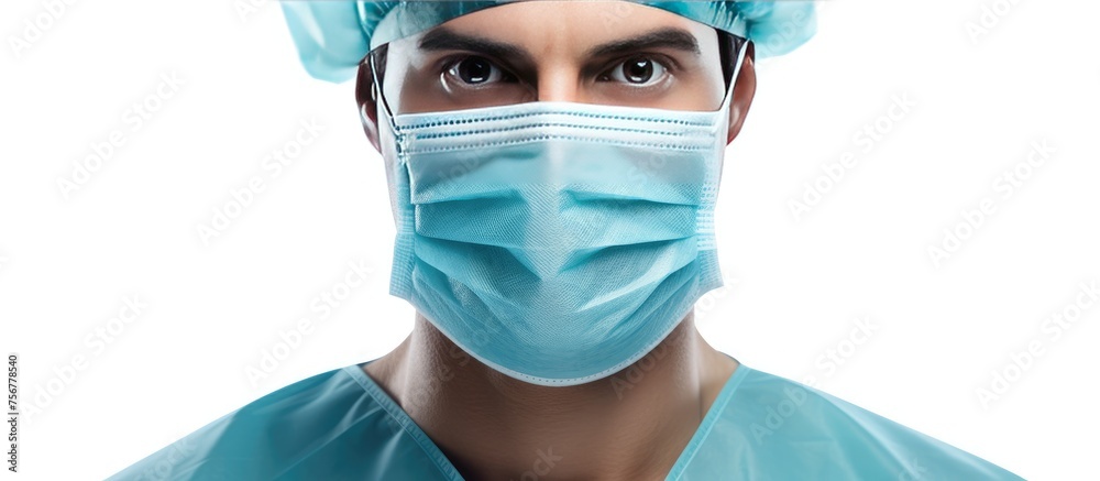 A close up of a surgeons face with a surgical mask covering their nose ...